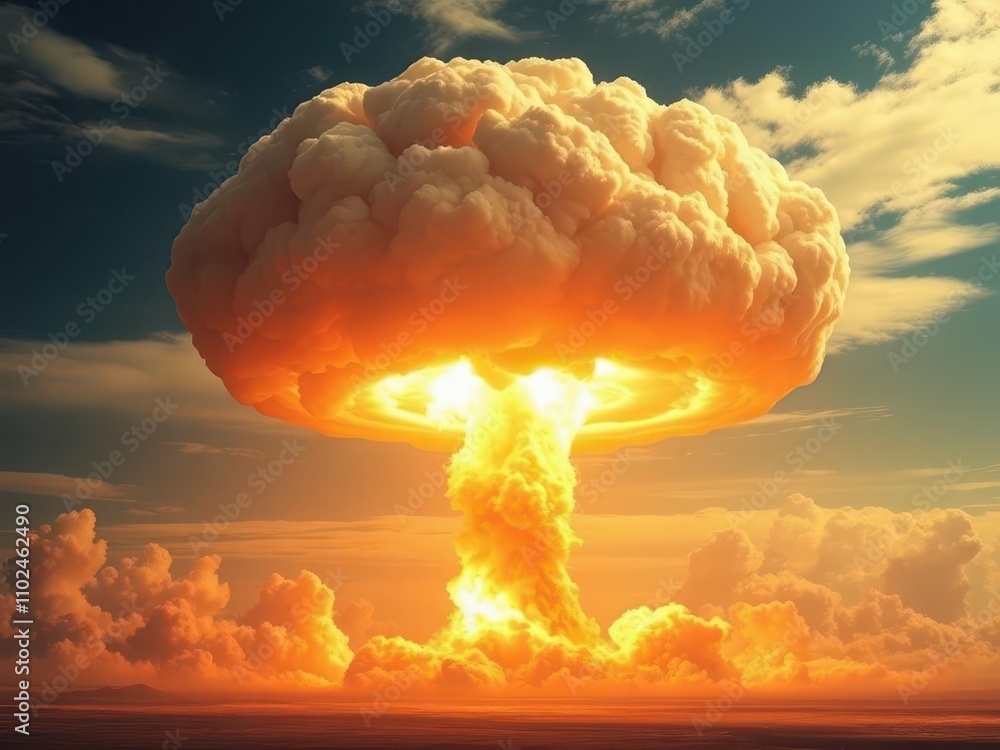 Nuclear war. A grandiose nuclear explosion on a clear day, forming a ...