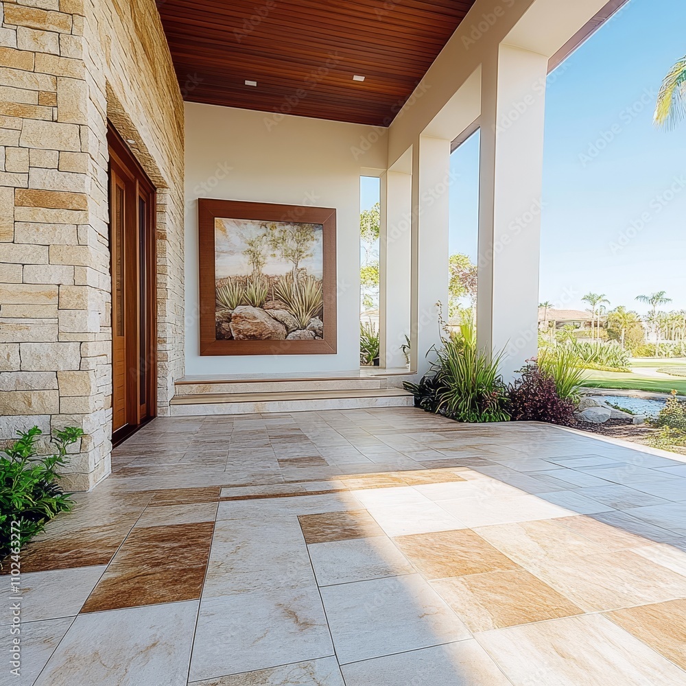 Modern Home Exterior with Travertine Tile Patio, Stone Walls, Wood ...