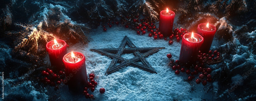 Pagan star shaped symbol with red candles in snowy night winter forest ...