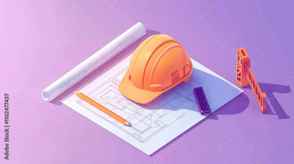 Isometric engineering concept with blueprints, hard hat, ruler, and ...