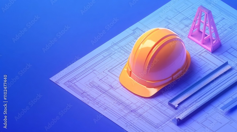 Isometric engineering concept with blueprints, hard hat, ruler, and ...