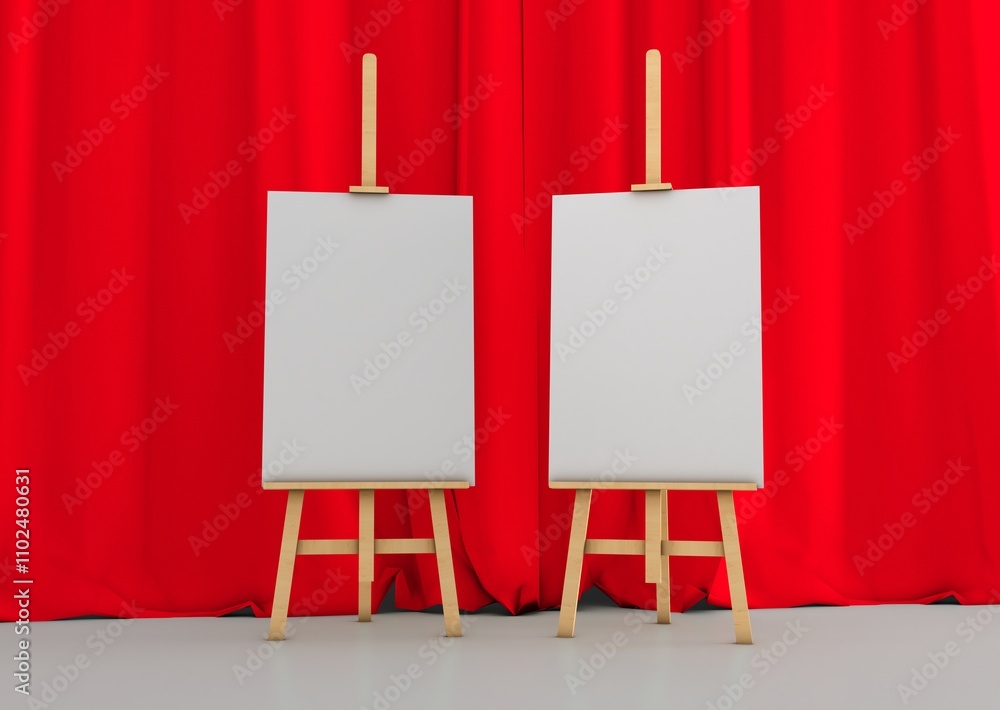 Wooden easel with blank canvas on red curtain background. Space for ...
