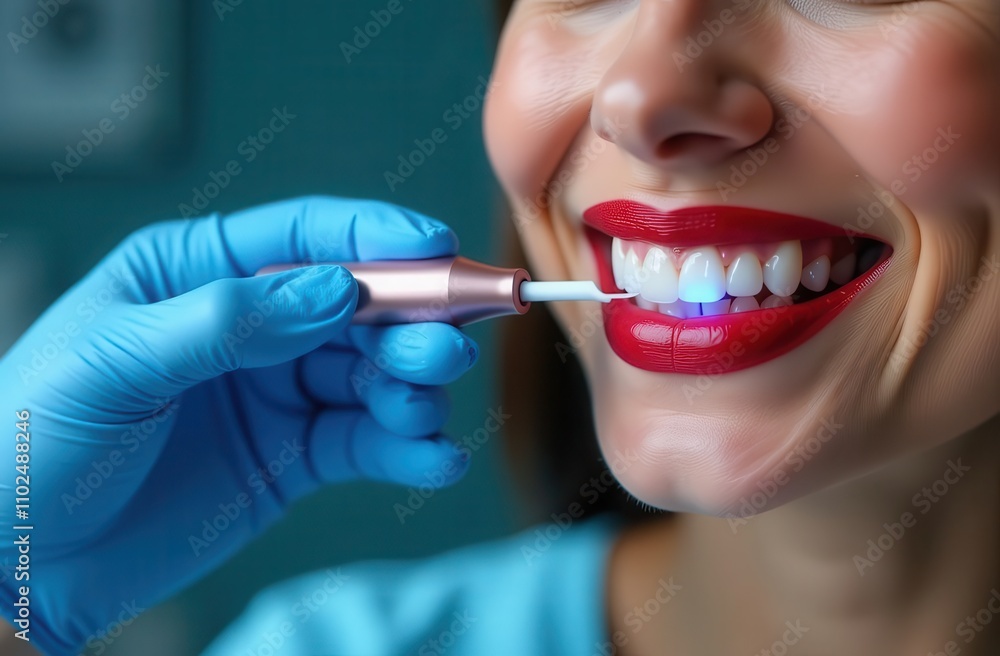 The close-up image on the right shows the snow-white teeth of a girl ...
