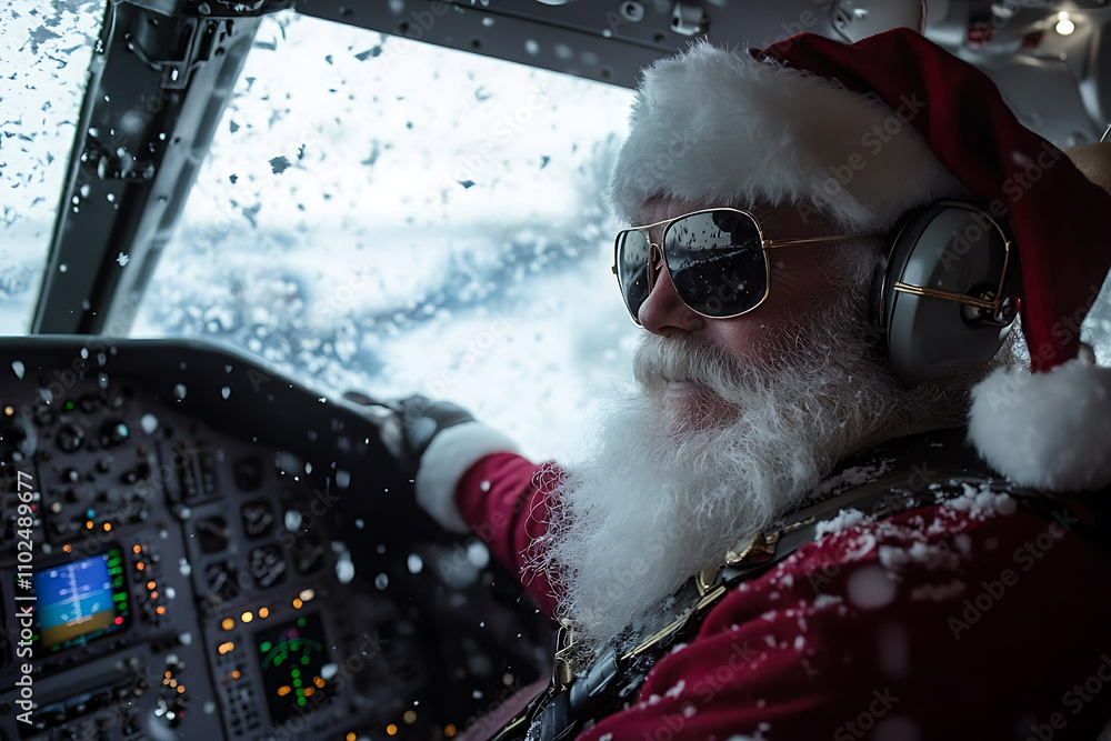 Santa Claus as a professional airline pilot in a snowy, holiday-themed ...