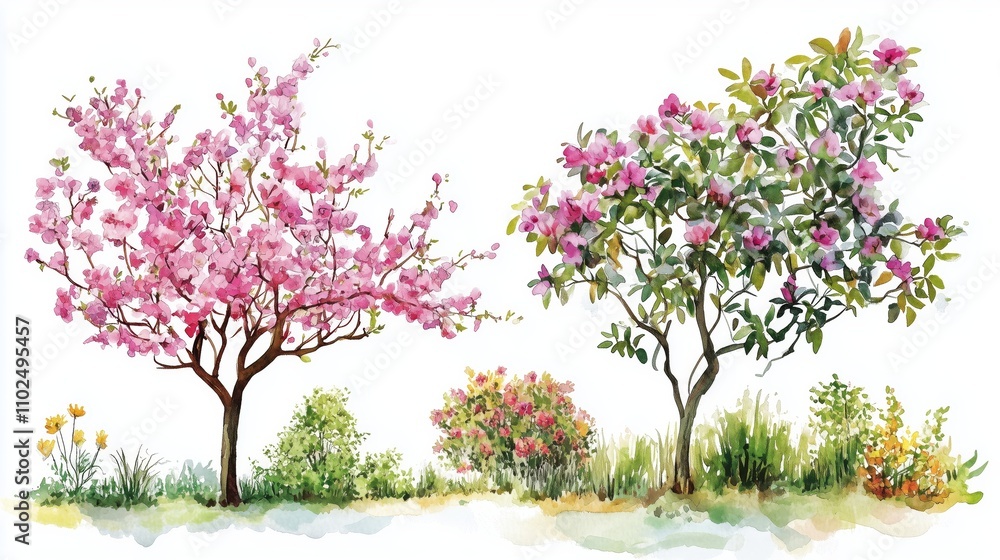 Vertor set of spring blossom tree,blooming plants side view for ...