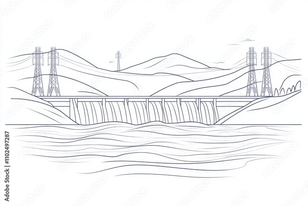Line drawing of a hydroelectric power plant with a large dam structure ...