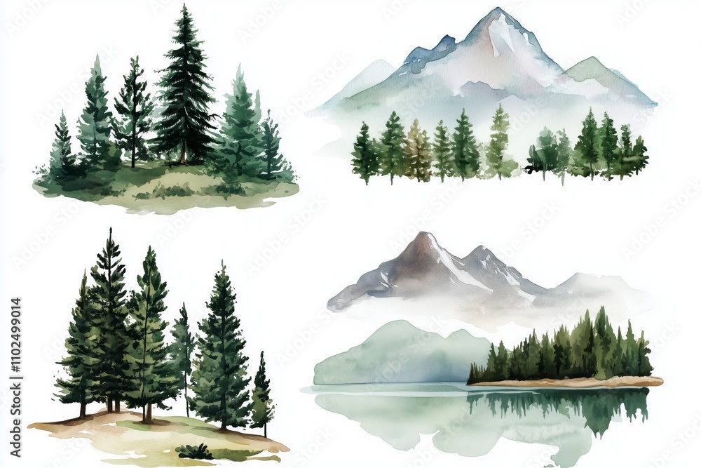 watercolor landscape clipart, mountain forest clip art, tree ...