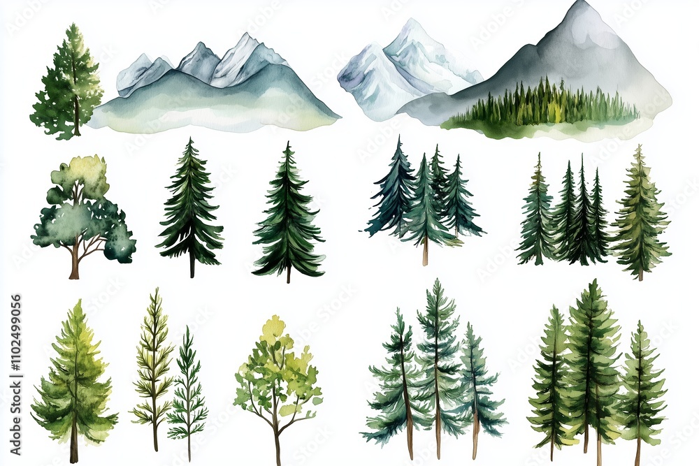 watercolor landscape clipart, mountain forest clip art, tree ...