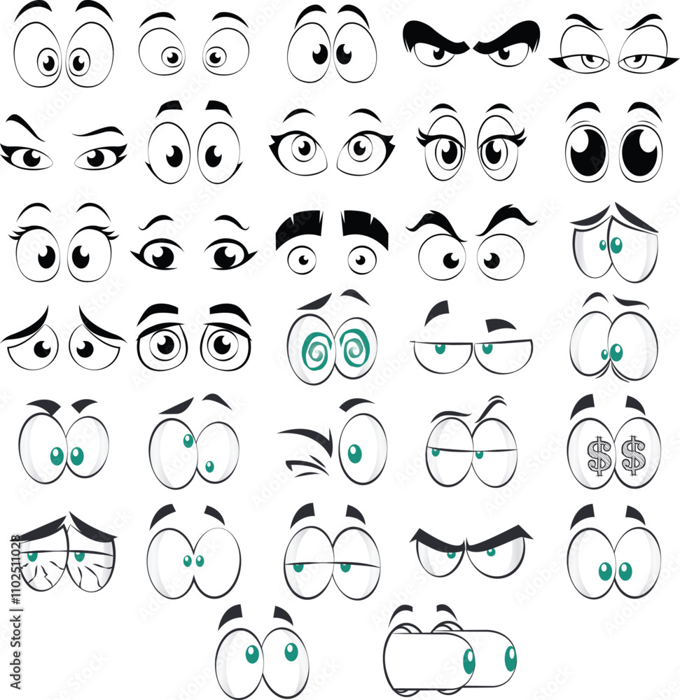 Cartoon faces. Expressive eyes and mouth, smiling, crying and surprised ...
