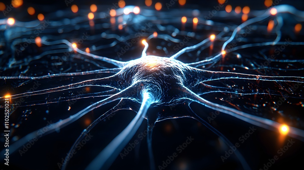 Brain-like camera with neurons extending as focus points, visualizing memories as captured ...