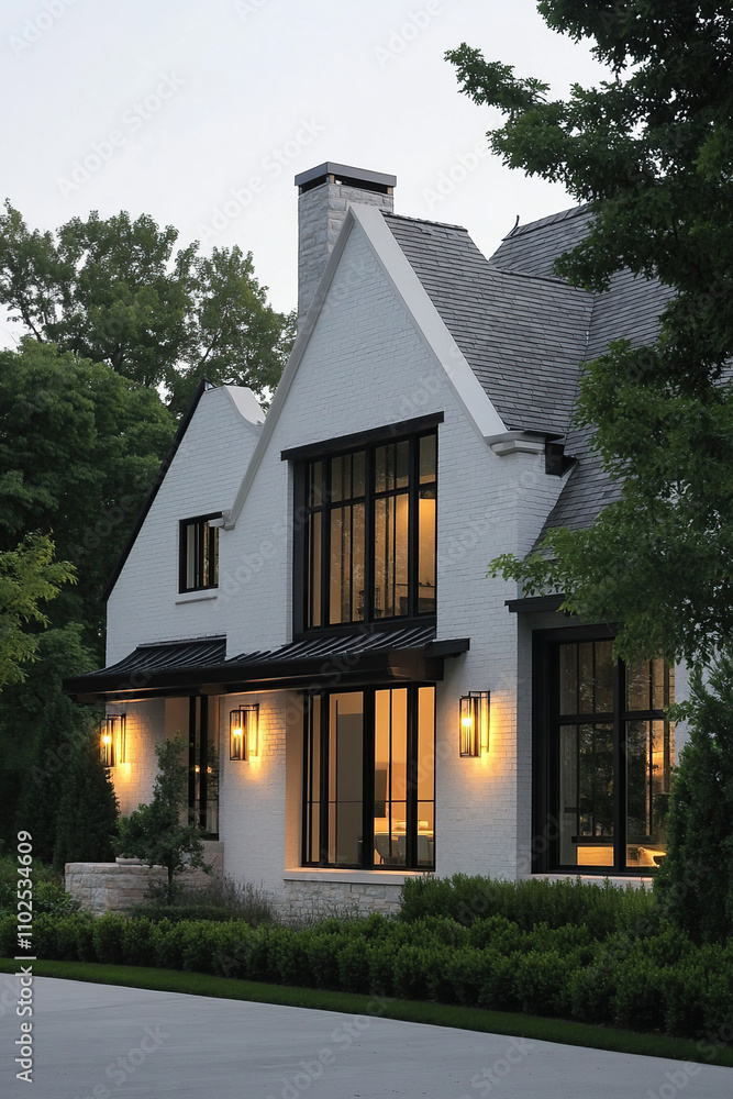 A modern farmhouse-style home in the suburbs, painted white with black ...