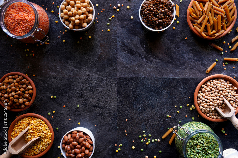 Selection of dried and canned legumes, and pasta made from legumes for ...