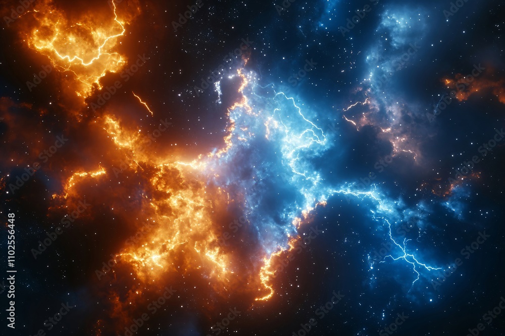 Bright lightning flash bolt or thunderbolt on dark night blue and red ...