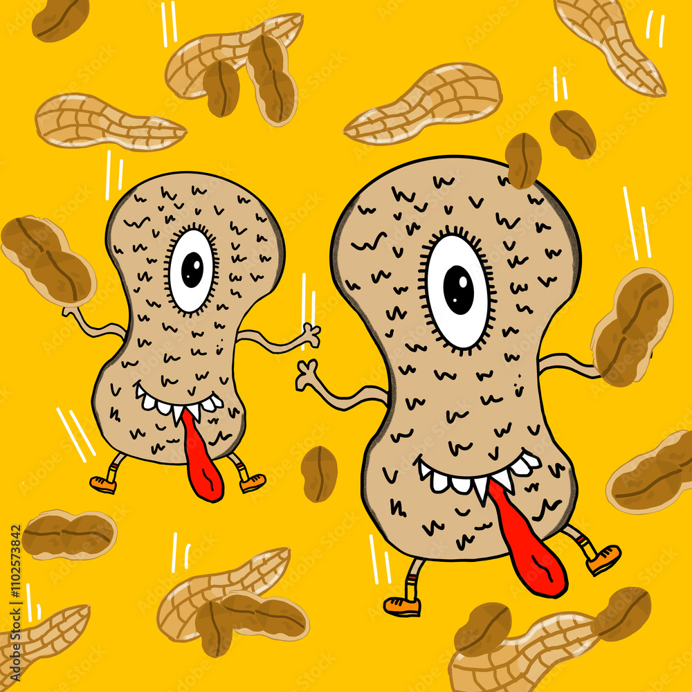 Peanut themed cartoon illustration. 2 characters with funny faces and ...