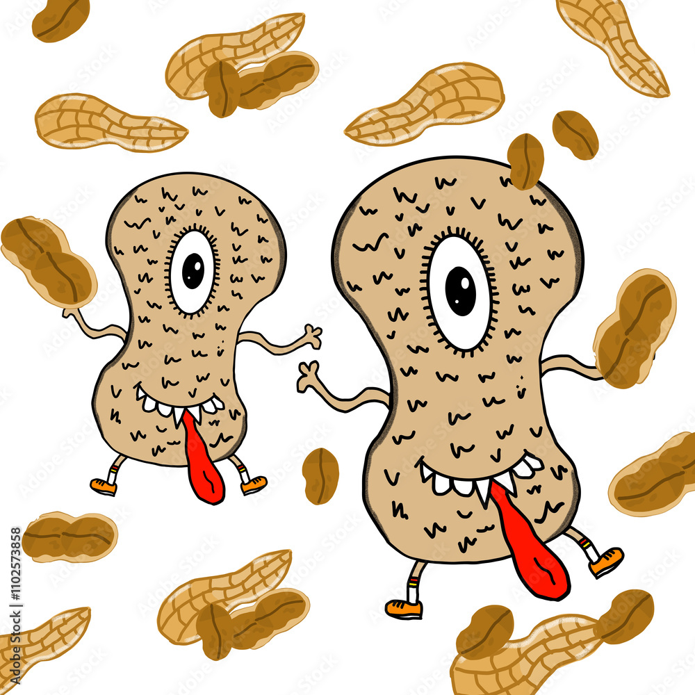 Cartoon illustration of peanuts on a white background. 2 characters ...