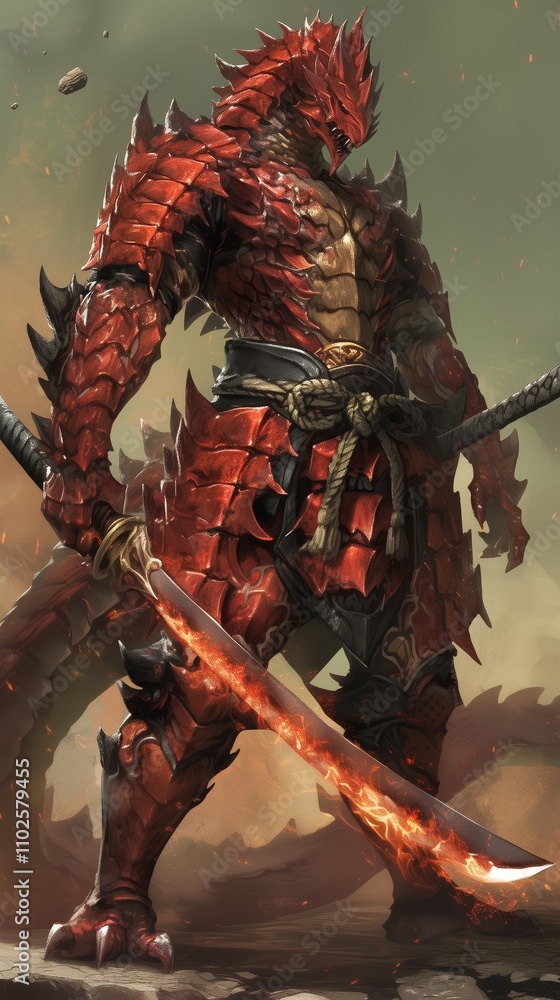 Fierce Dragon Warrior in Armor with Sword Ready for Battle in an Epic ...