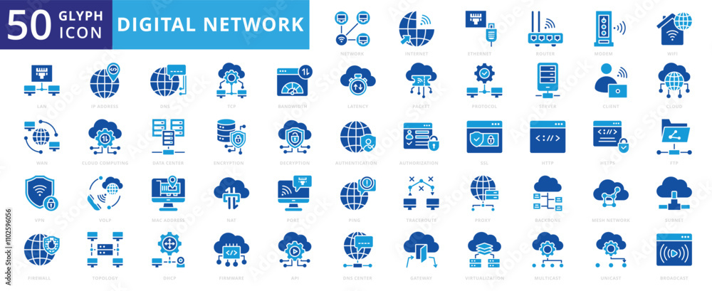 Digital network icon set of modem, vpn, api, packet, client, wan ...