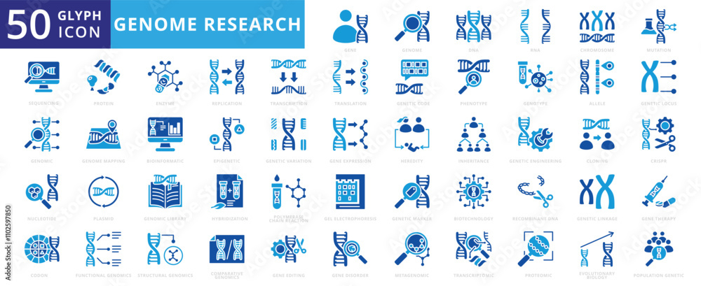 Genome research icon set of genomic, dna, engineering, protein, biology ...