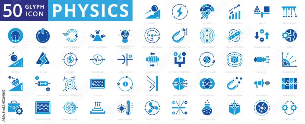 Physics icon set with force, energy, velocity, acceleration, mass ...