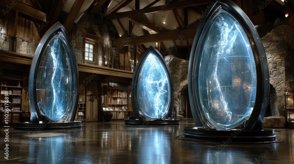Enigmatic Portal Room with Glowing Energy Displays Surrounded by ...