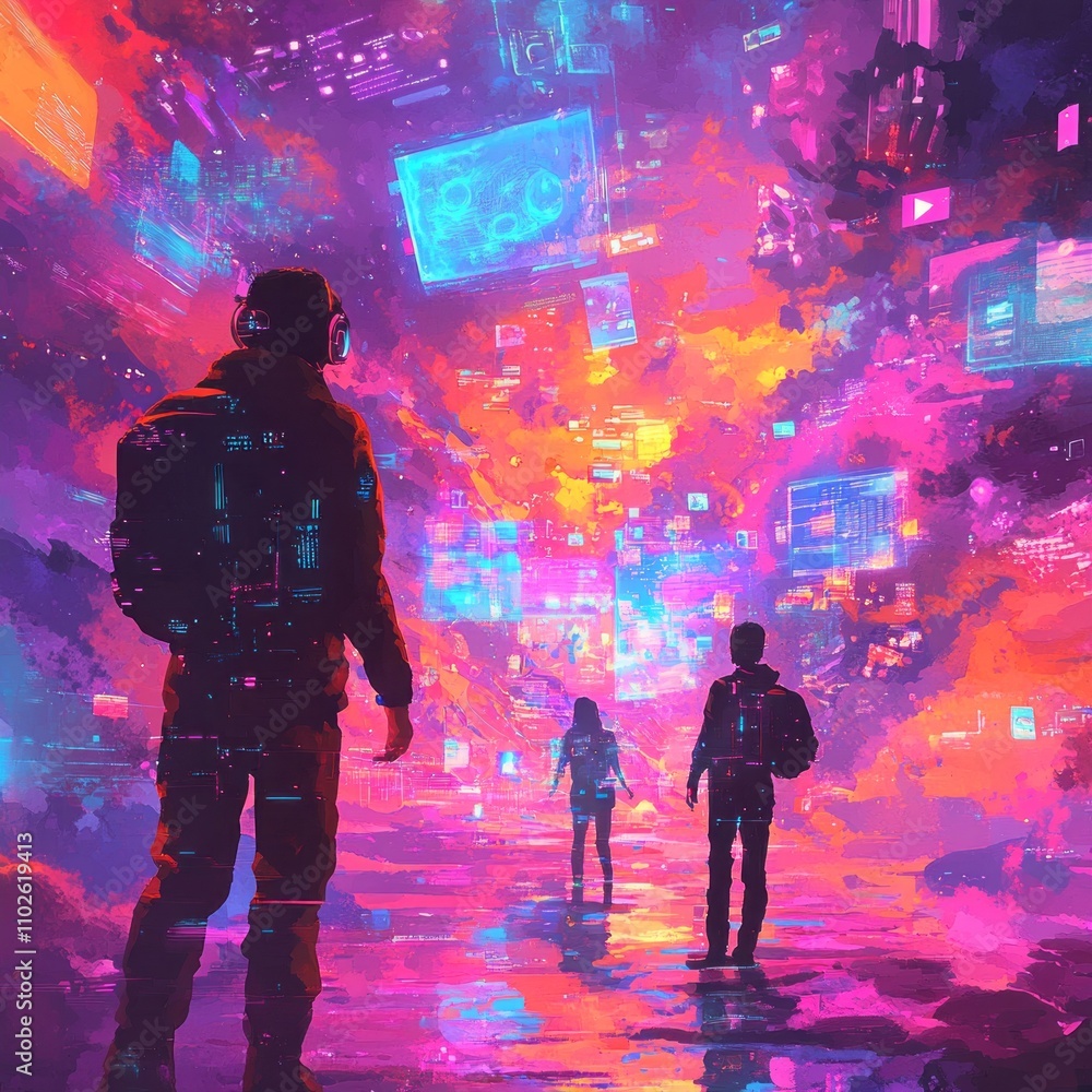 A disruptive digital marketing campaign visual. Show a chaotic blend of ...