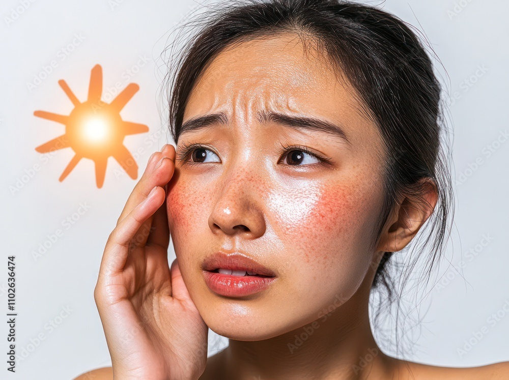 Asian woman touching her face with one hand Effects from the sun The ...