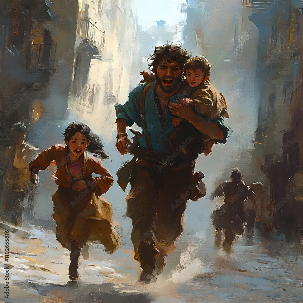 A man carries a young boy while a girl runs beside them through a busy ...