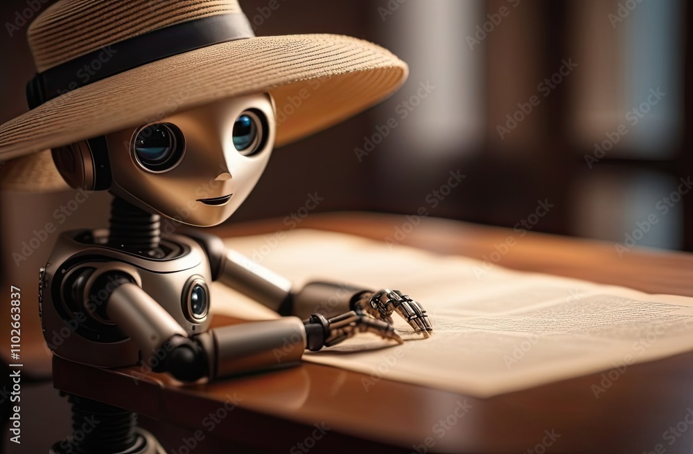 A realistic robot with expressive eyes wearing a straw hat, sitting at ...