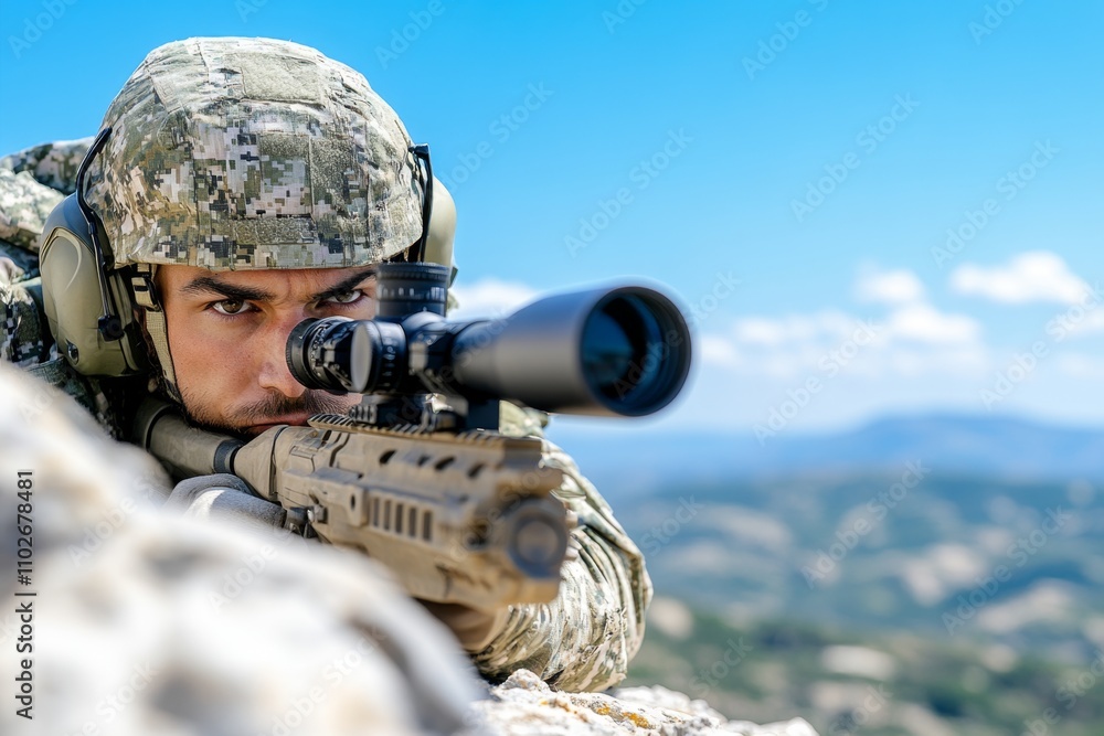 A sniper in a ghillie suit lying prone on a hillside, aiming through ...