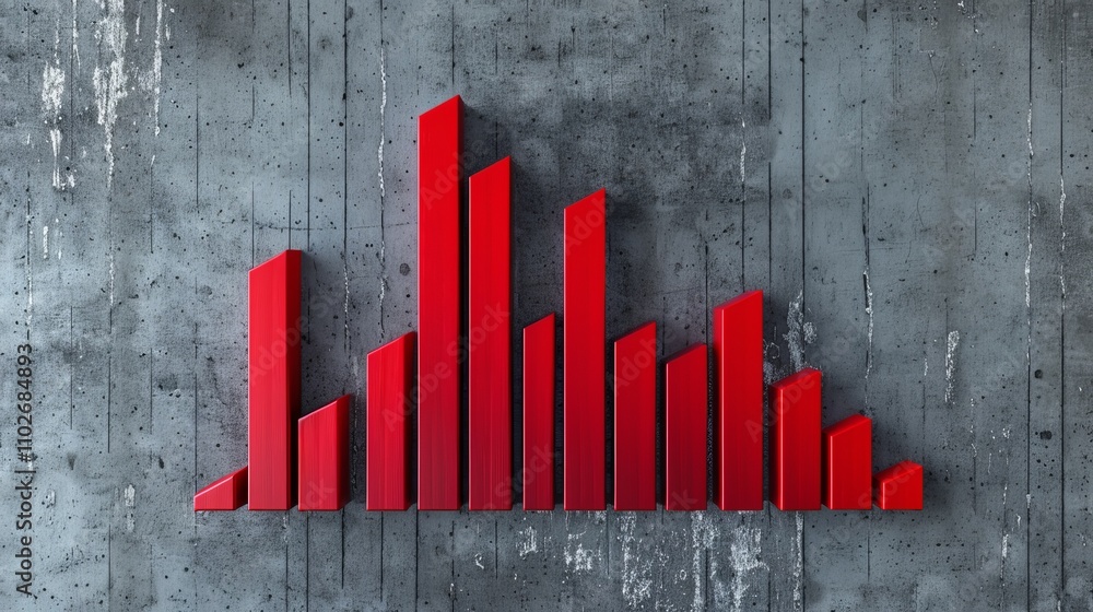3D red bar chart mounted on a textured concrete wall, symbolizing ...