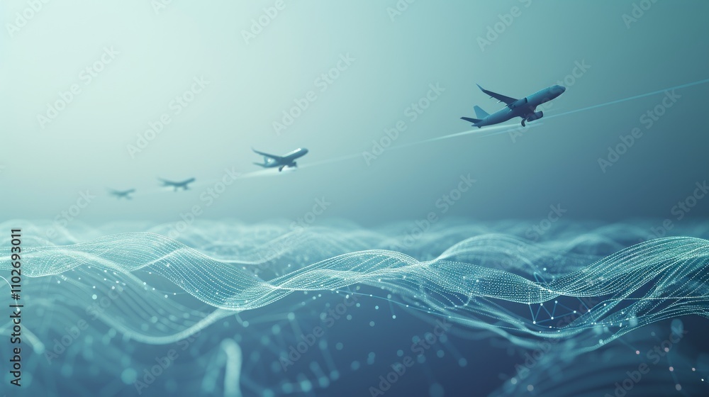 A fleet of airplanes flies in perfect formation over a futuristic ...