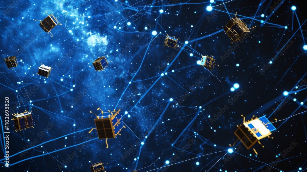 Multiple small satellites are seen in space, connected through a ...