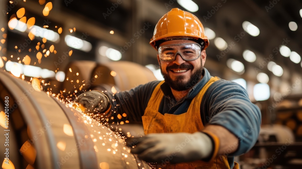 A cheerful factory worker wearing safety gear is welding, creating ...