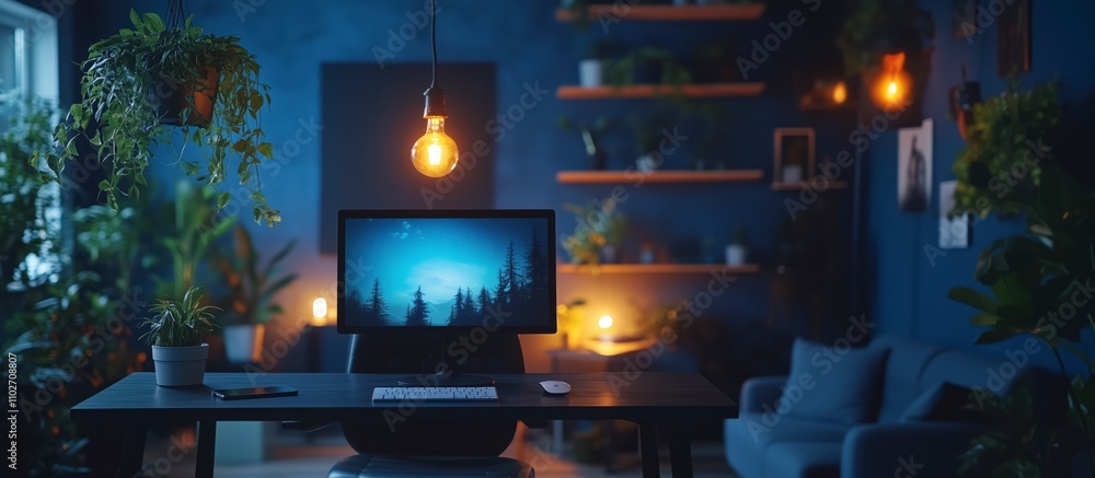 Stylish Neon-Lit Modern Home Office Workspace, Low-light Dim Room Scene ...
