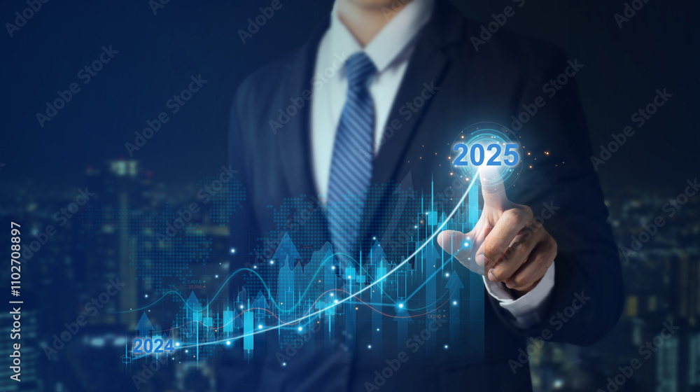 2025 New Year business goals concept. Businessman touching increase ...