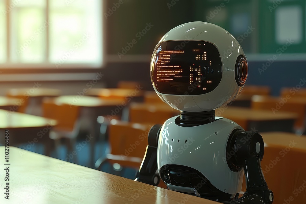 Modern Classroom with Futuristic Robot Teaching Assistant, Displaying ...