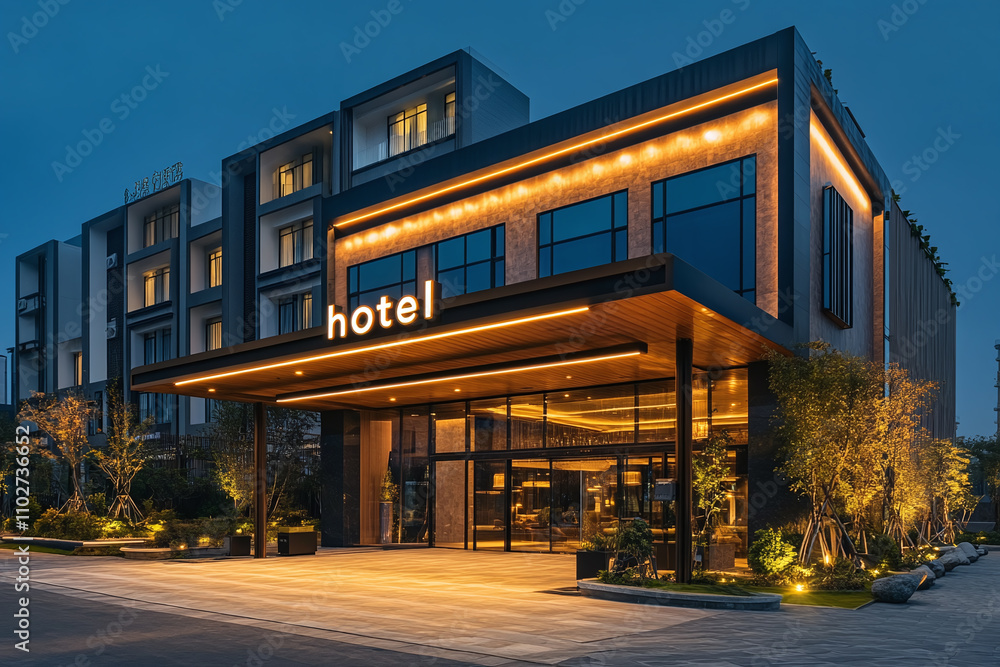 Contemporary luxury hotel exterior with "hotel" signage, five stars ...
