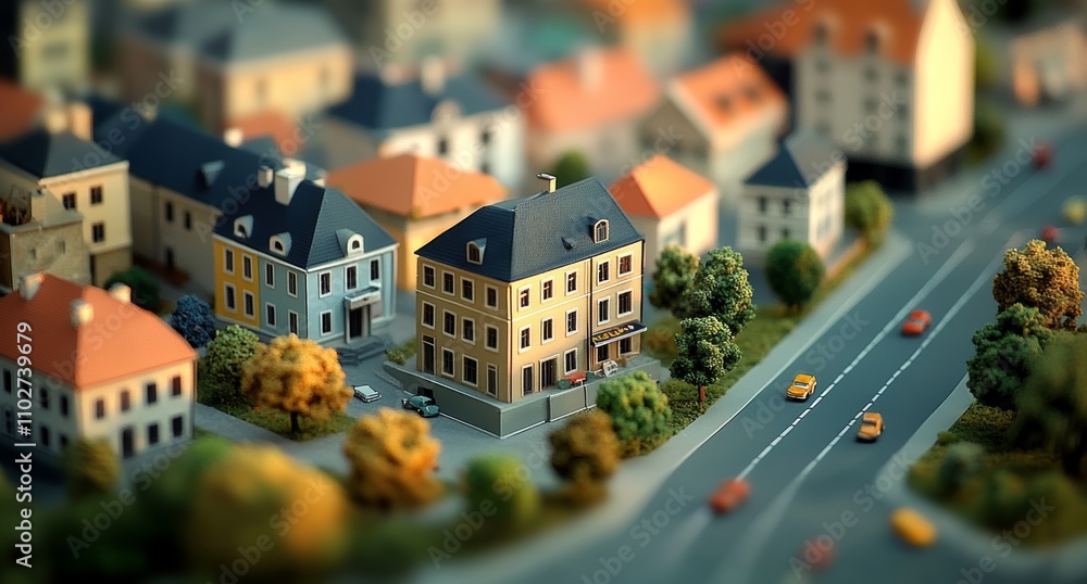 miniature cityscape model of townhouse neighborhood with buildings ...
