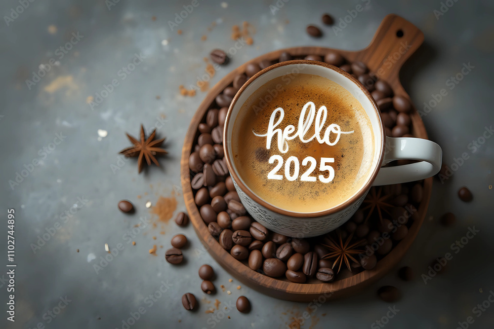 Goodbye 2024 Hello 2025 holidays food art theme coffee cup with number ...