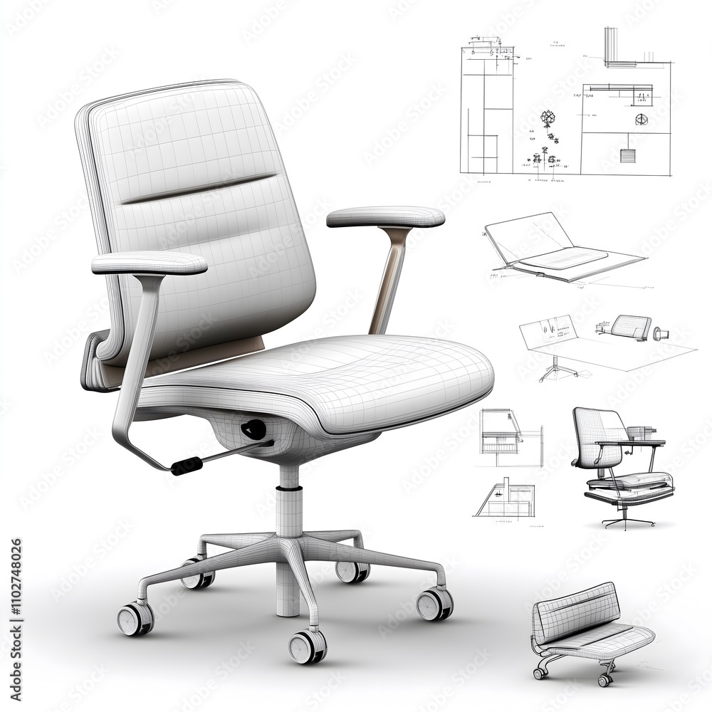 A precise 3D line drawing of a modern office chair, featuring standard ...