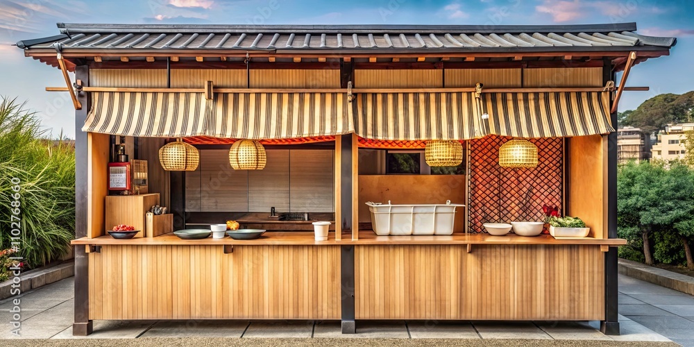 Traditional street food ramen stall with Ukiyo-e style decoration ...