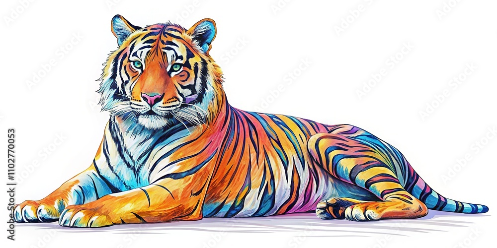 Elegant line art tiger, recumbent; Rule of Thirds creates dynamic form ...