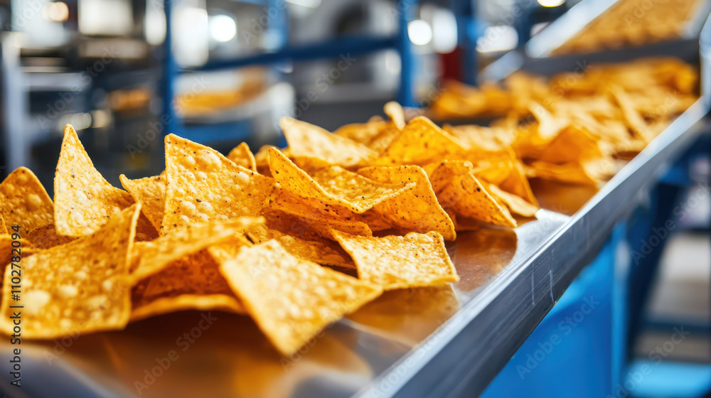Manufacturing crispy tortilla chips on conveyor belt in snack factory a ...