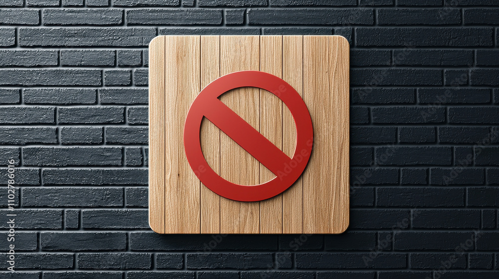 Wooden square sign with red no entry symbol on dark brick wall ...