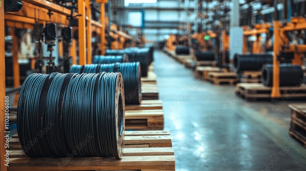 Industrial Warehouse Interior with Coiled Wire on Wooden Pallets ...