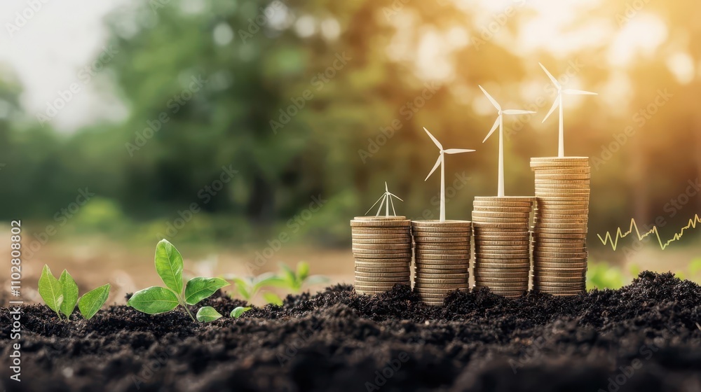 Solar panels and wind turbines overlayed with portfolio charts ...