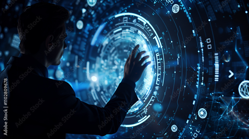 Business man and robot hand touch digital screen of AI icon artificial intelligence concept, big ...