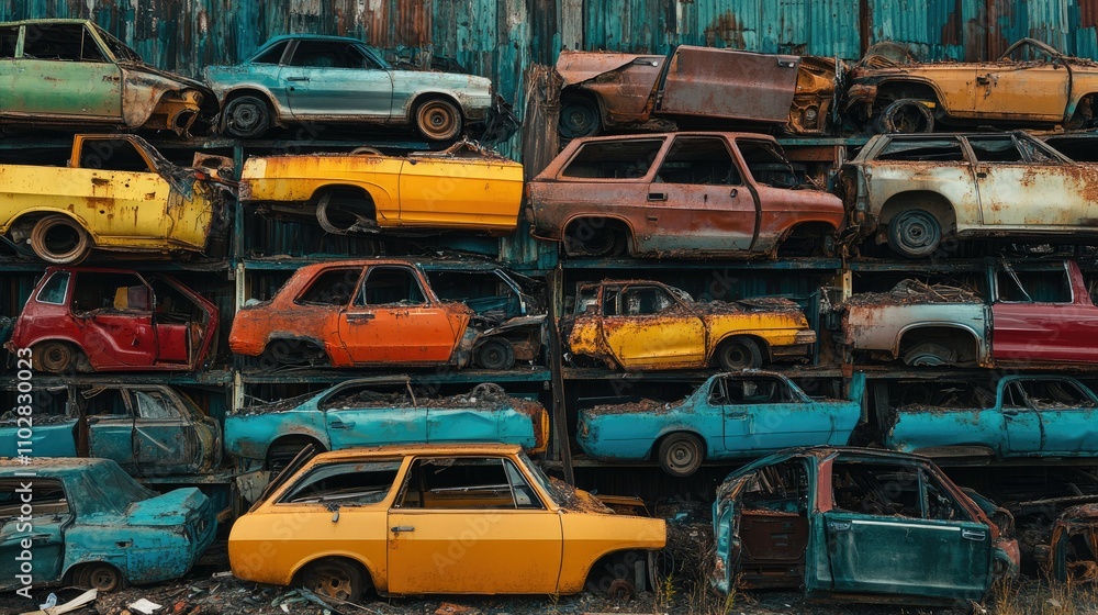 A recycling yard full of car doors in varying stages of decay, their ...