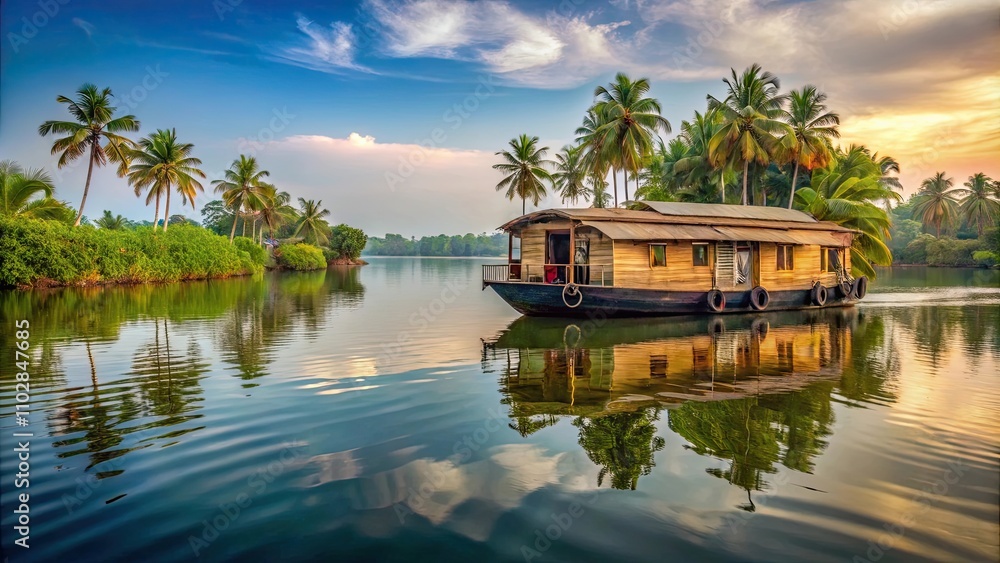House boat floating on serene river in Kerala , Kerala, India ...
