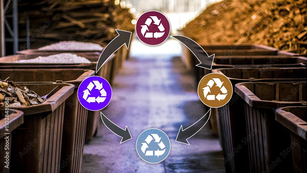 Foto de Stock Recycling Process Concept with Color-Coded Bins ...